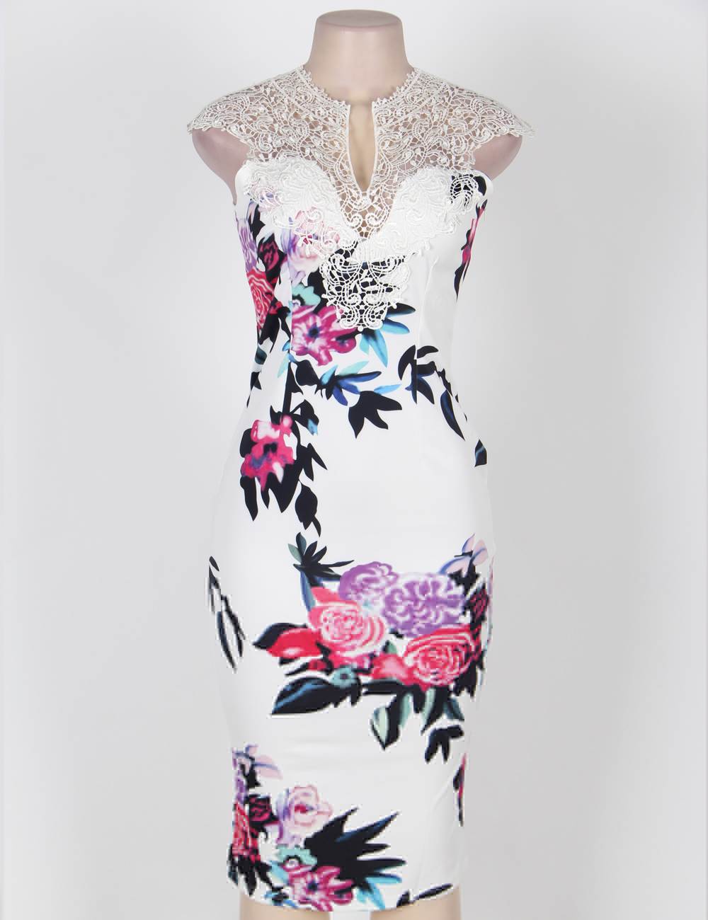 New style white lace V-neck print bodycon dress