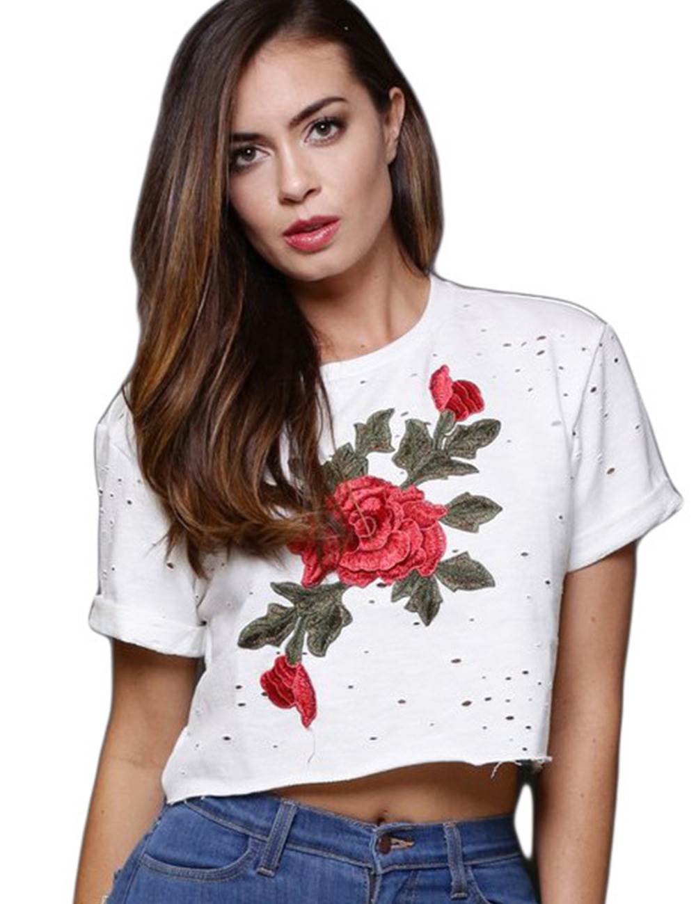 New Arrival White Rose Embroidered Crop Top Wholesale