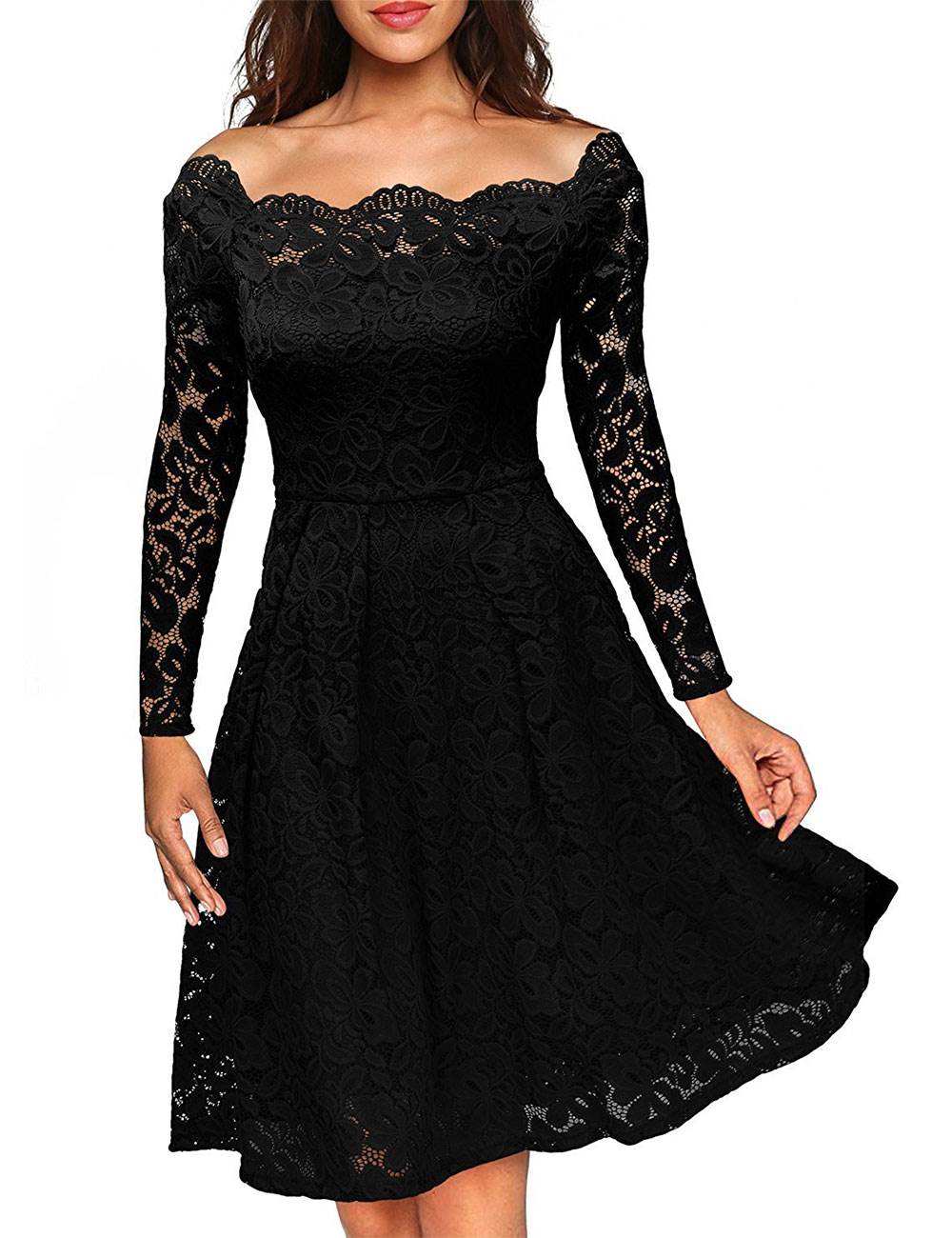 Wholesale Long Sleeve Fashion Black Lace Midi Dress
