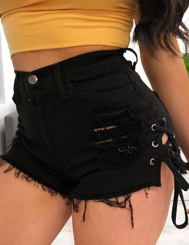 Black Broken Holes Lace Up Shorts Sexy Summer Jeans Shorts Ohyeah
