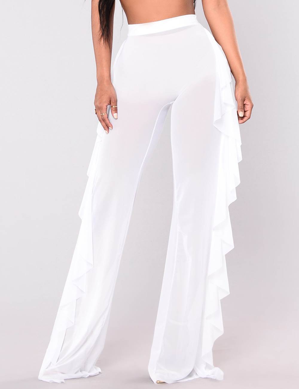 White Fashionable Women Side Ruffle Pants High Waist Stretch Fit Pants | Ohyeah