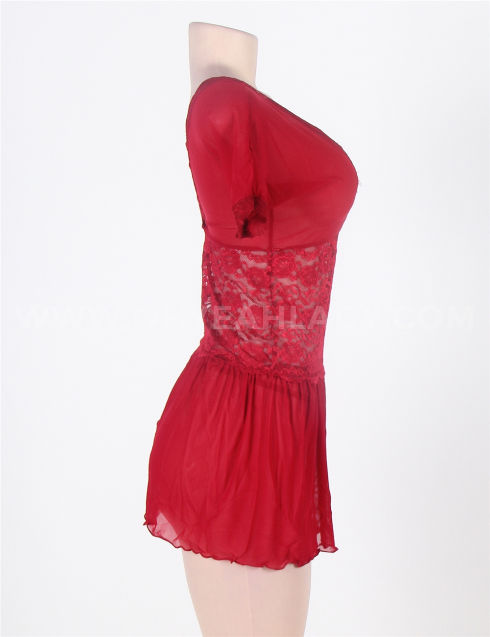 Sexy Burgundy Sheer Mesh Babydoll Lingerie Set