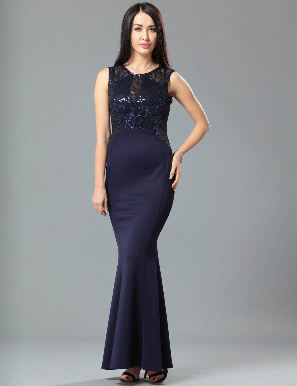Wholesale Dark Blue Ruffle Open Back Maxi Dress