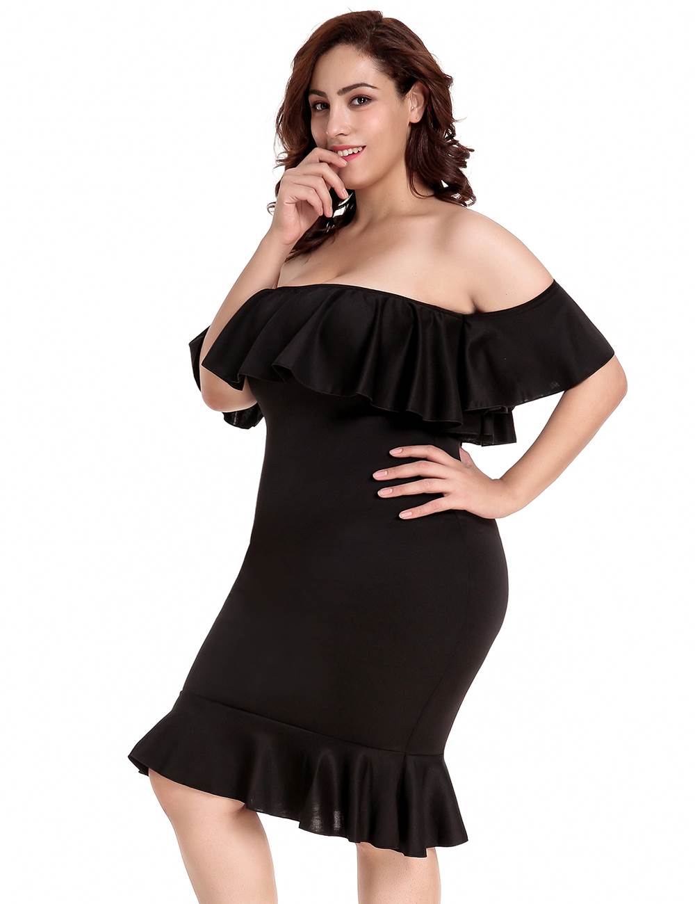 New In Ruffle Off-Shoulder Midi Black Bodycon Dress|ohyeah888.com
