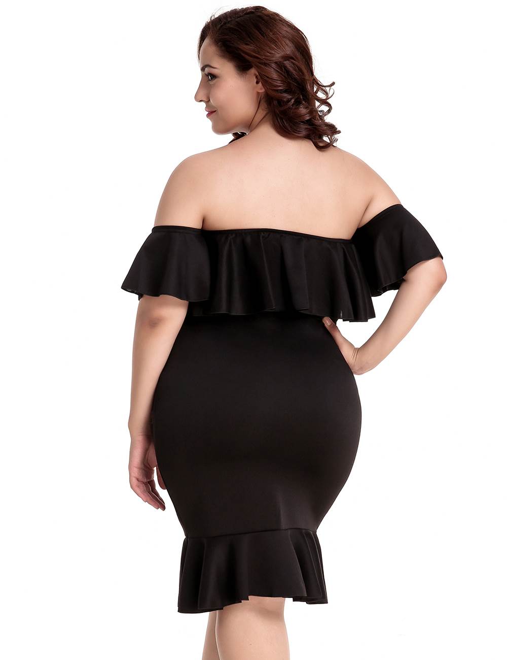 New In Ruffle Off-Shoulder Midi Black Bodycon Dress|ohyeah888.com