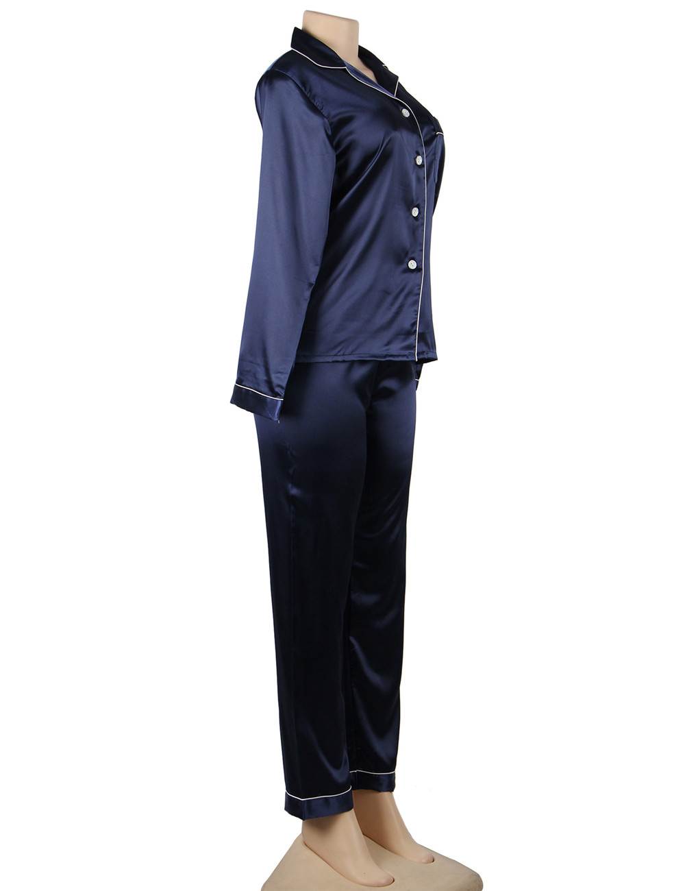 Dark Blue Long Sleeve Silk Pajamas Set Two Piece Set | Ohyeah