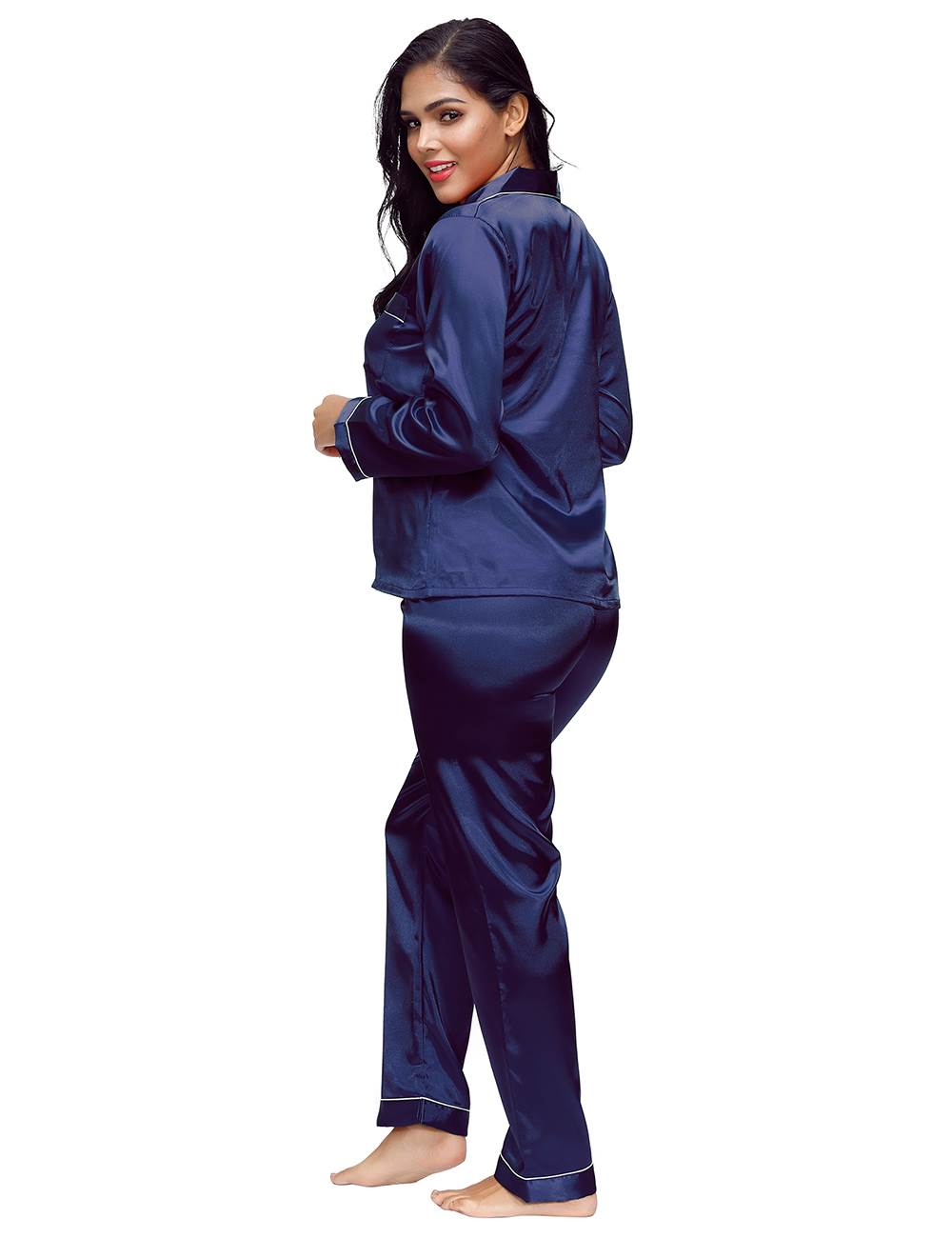 Dark Blue Long Sleeve Silk Pajamas Set Two Piece Set | Ohyeah